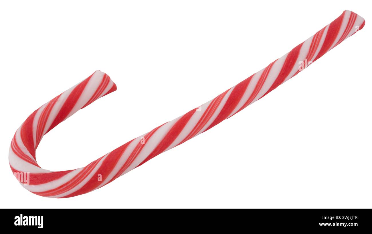Red and white candy cane at an angle with the curved side closest to ...