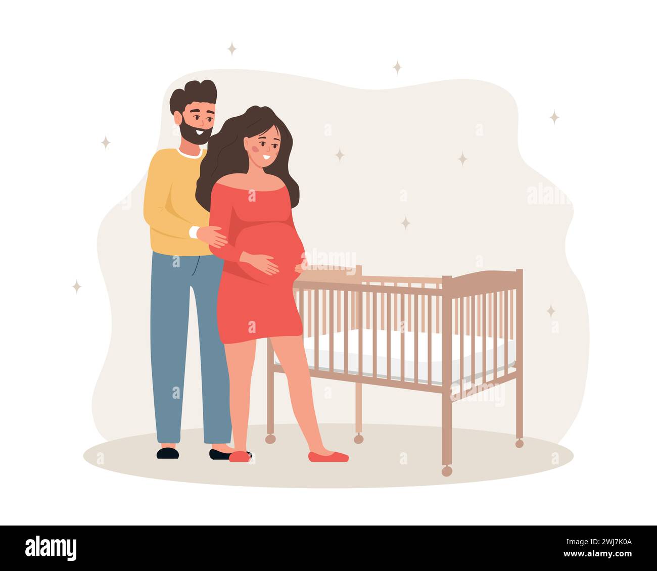 Family expecting for baby. Couple in love stand near baby crib. Future ...