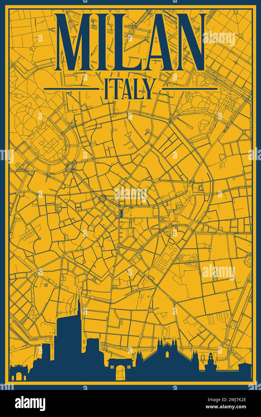 Road network and skyline poster of the downtown MILAN, ITALY Stock ...