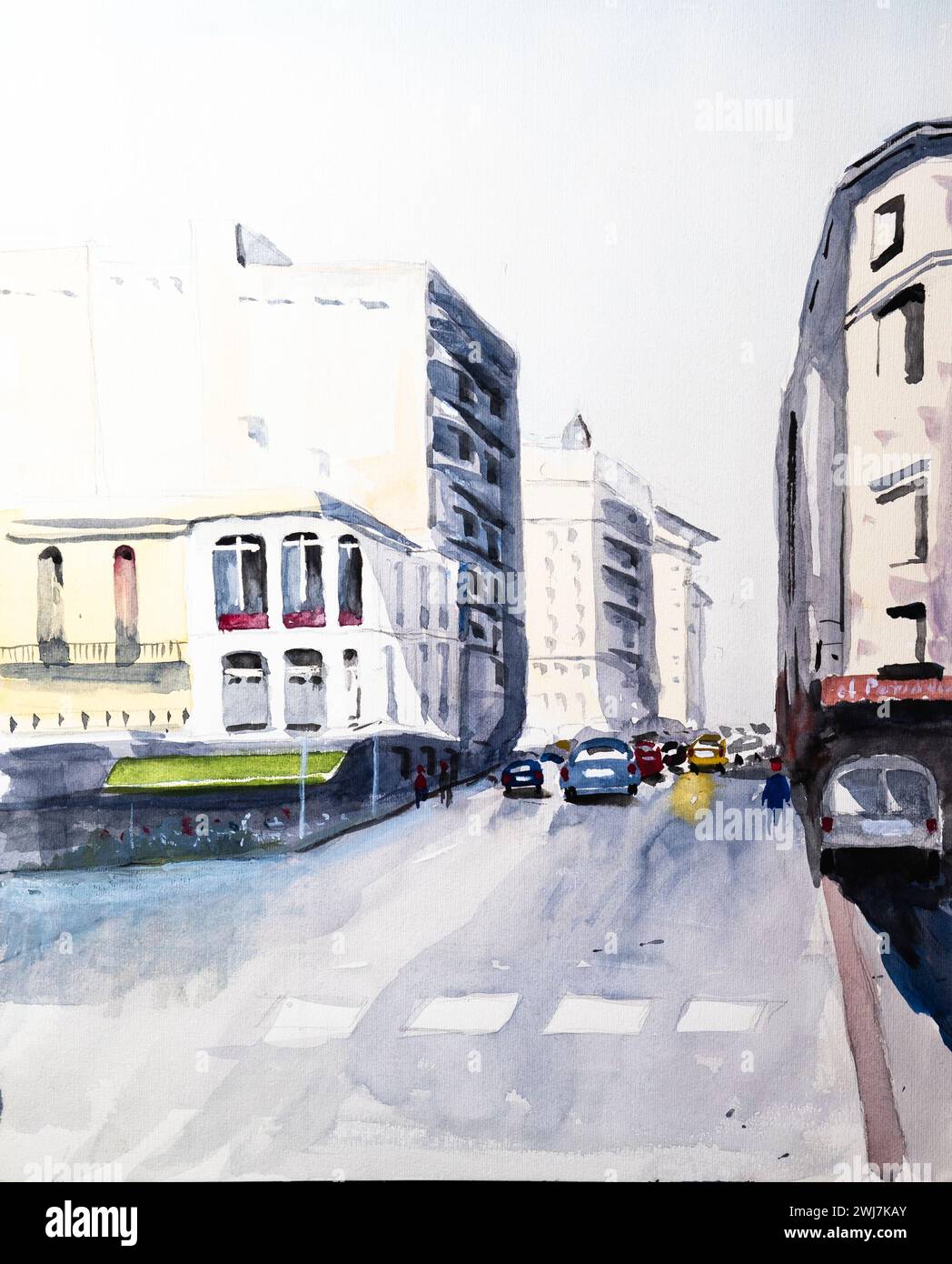 Urban theme watercolor with buildings, streets and cars Stock Photo - Alamy