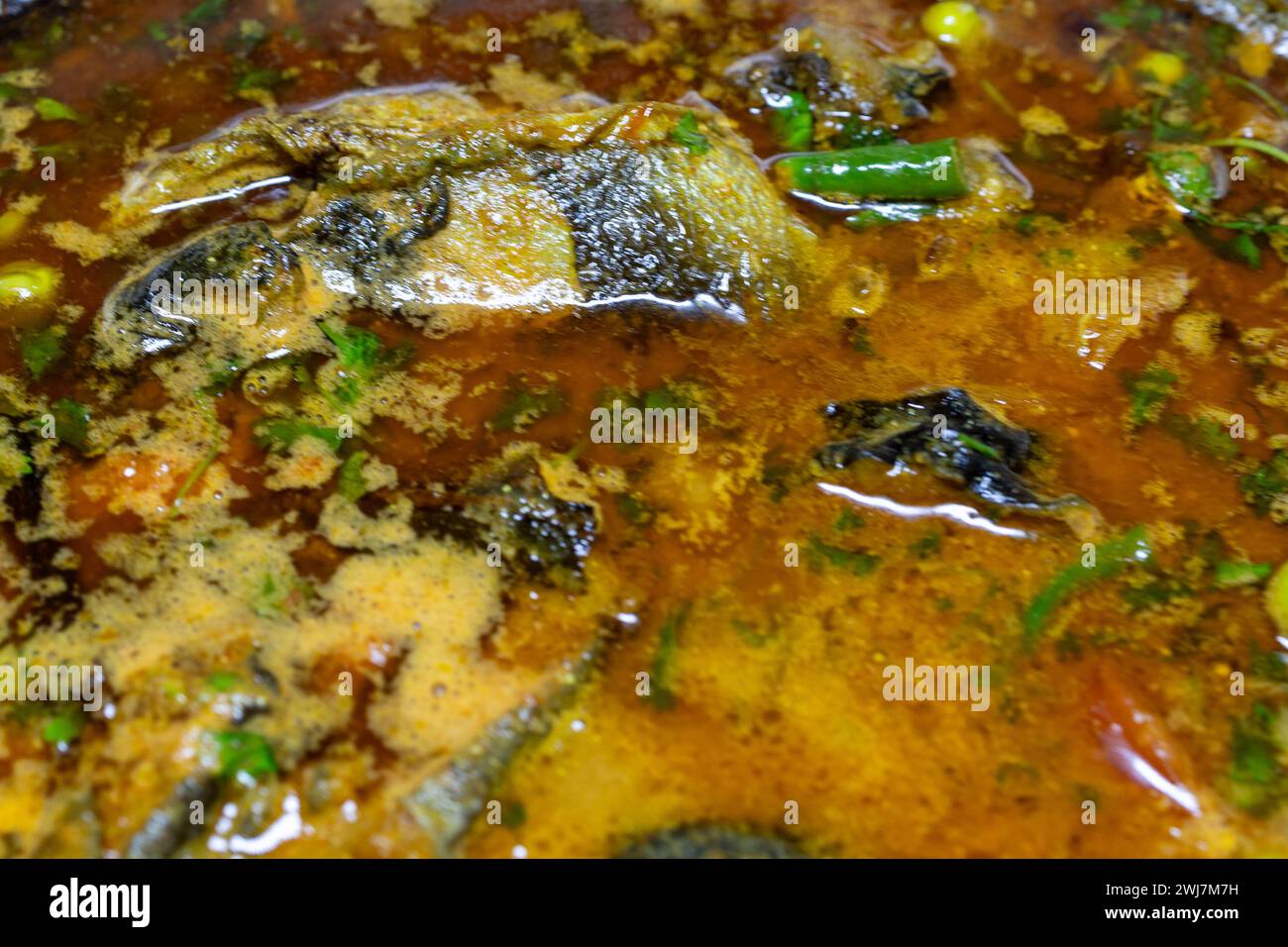 fresh cooked boiling fish gravy at cauldron at home at day Stock Photo ...