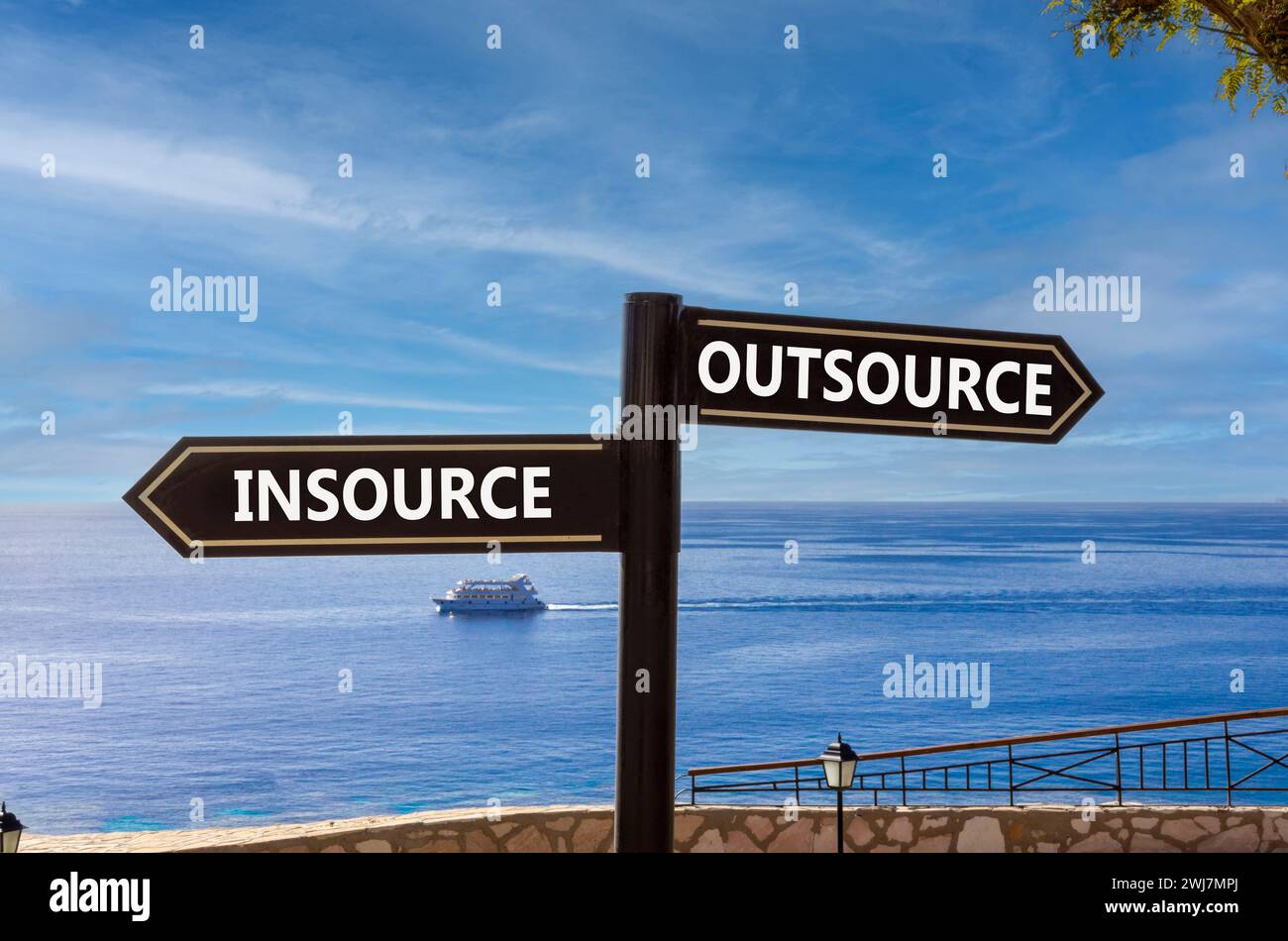 Outsource or insource symbol. Concept word Outsource or Insource on beautiful signpost with two ...
