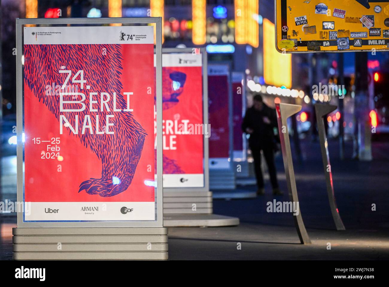 13 February 2024, Berlin: Posters on Potsdamer Strasse announce the ...