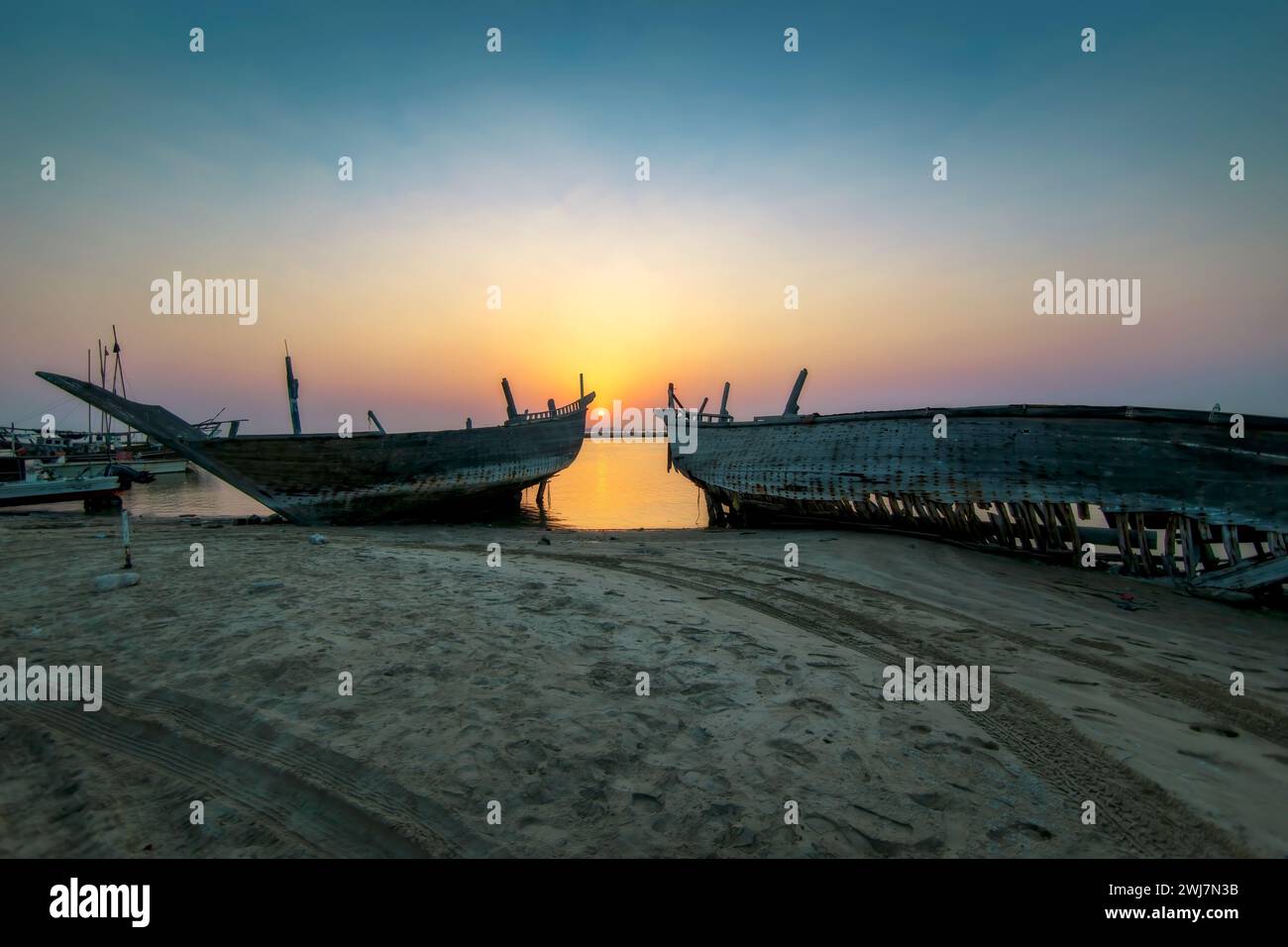 Boats on Dammam sea side with sunrise background view. Dammam, Saudi ...