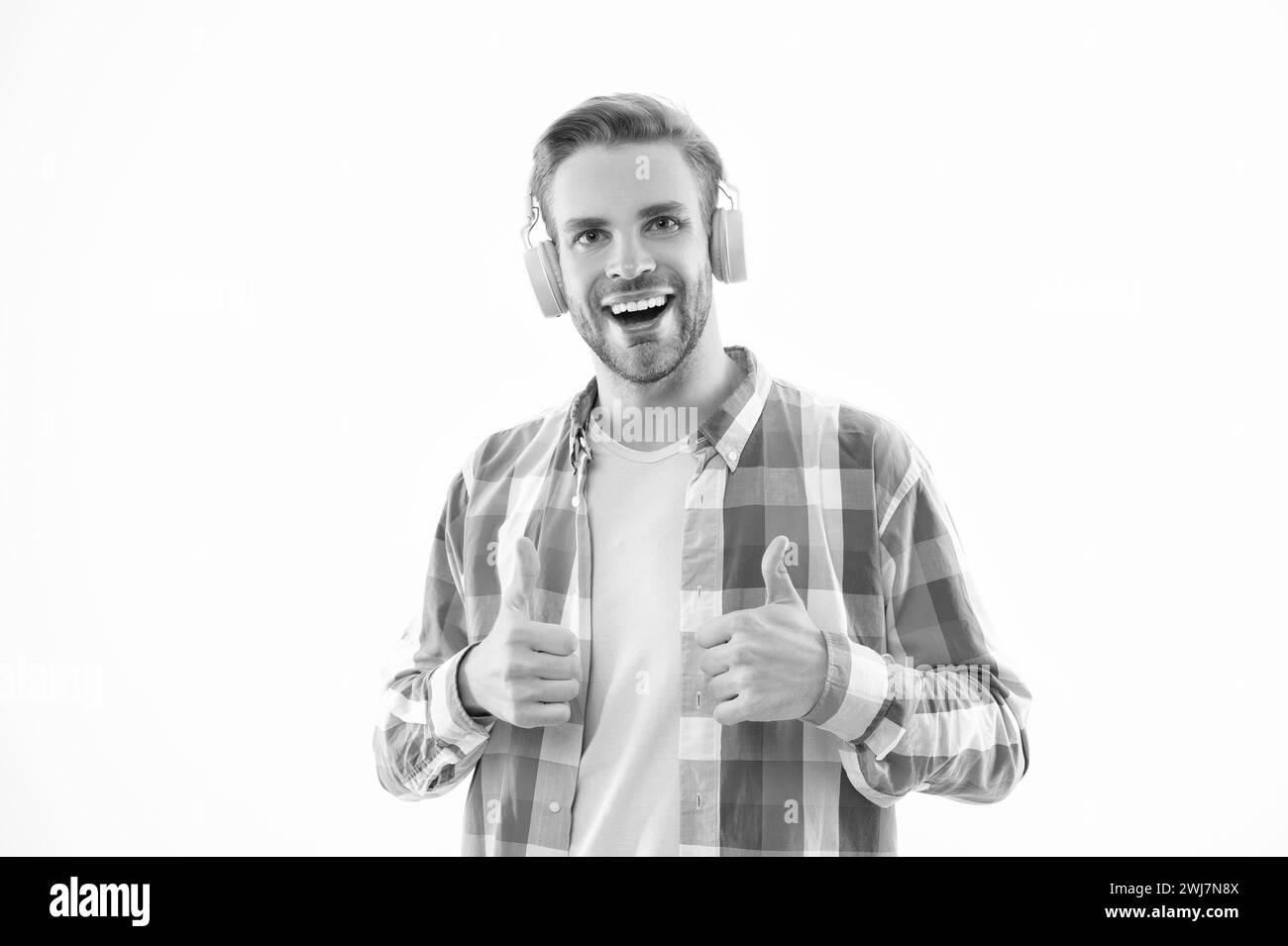 millennial man wear music headphones in studio, thumb up. millennial ...