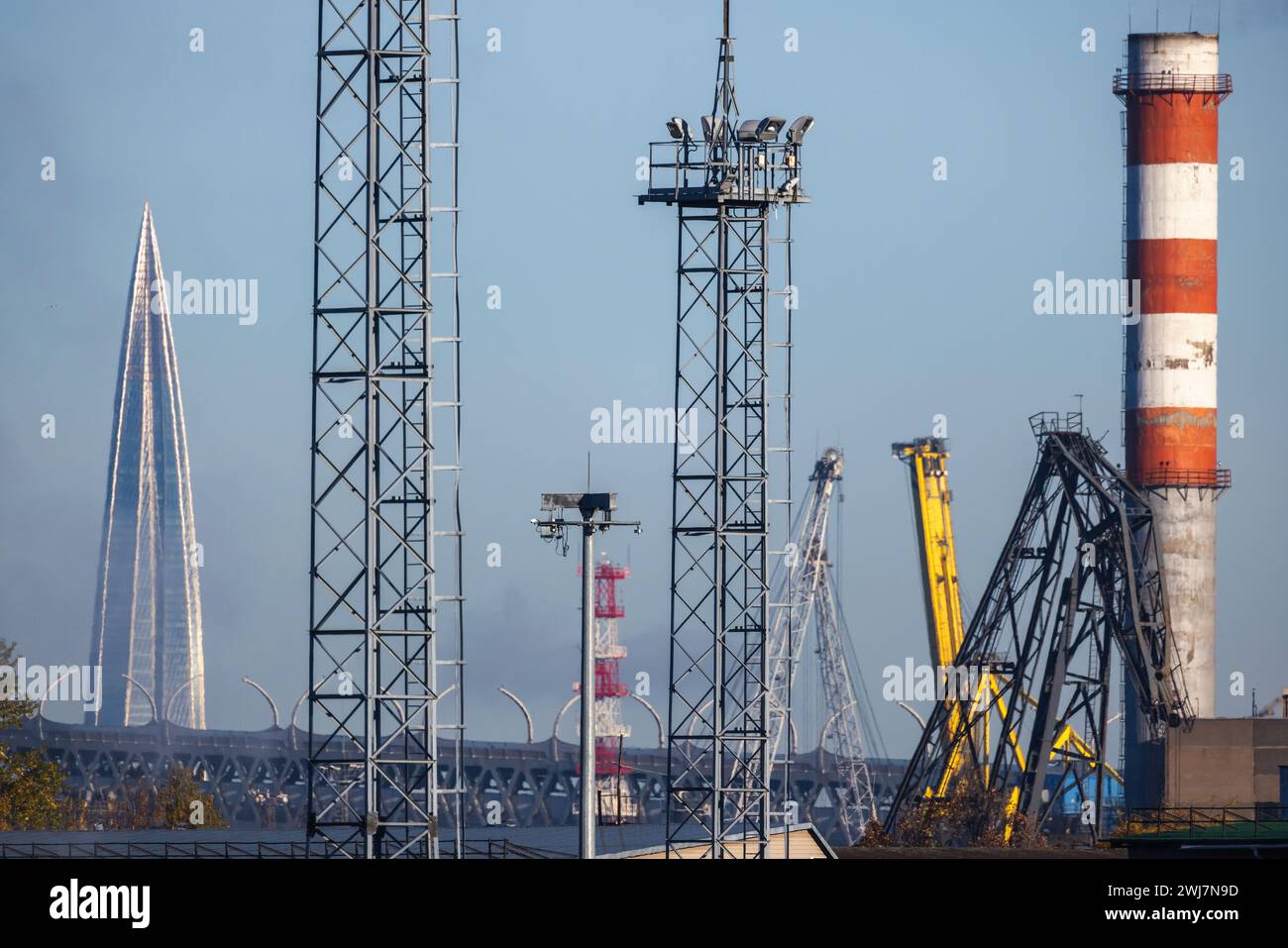 Industrial view with chimneys and cranes in port of Saint Petersburg ...