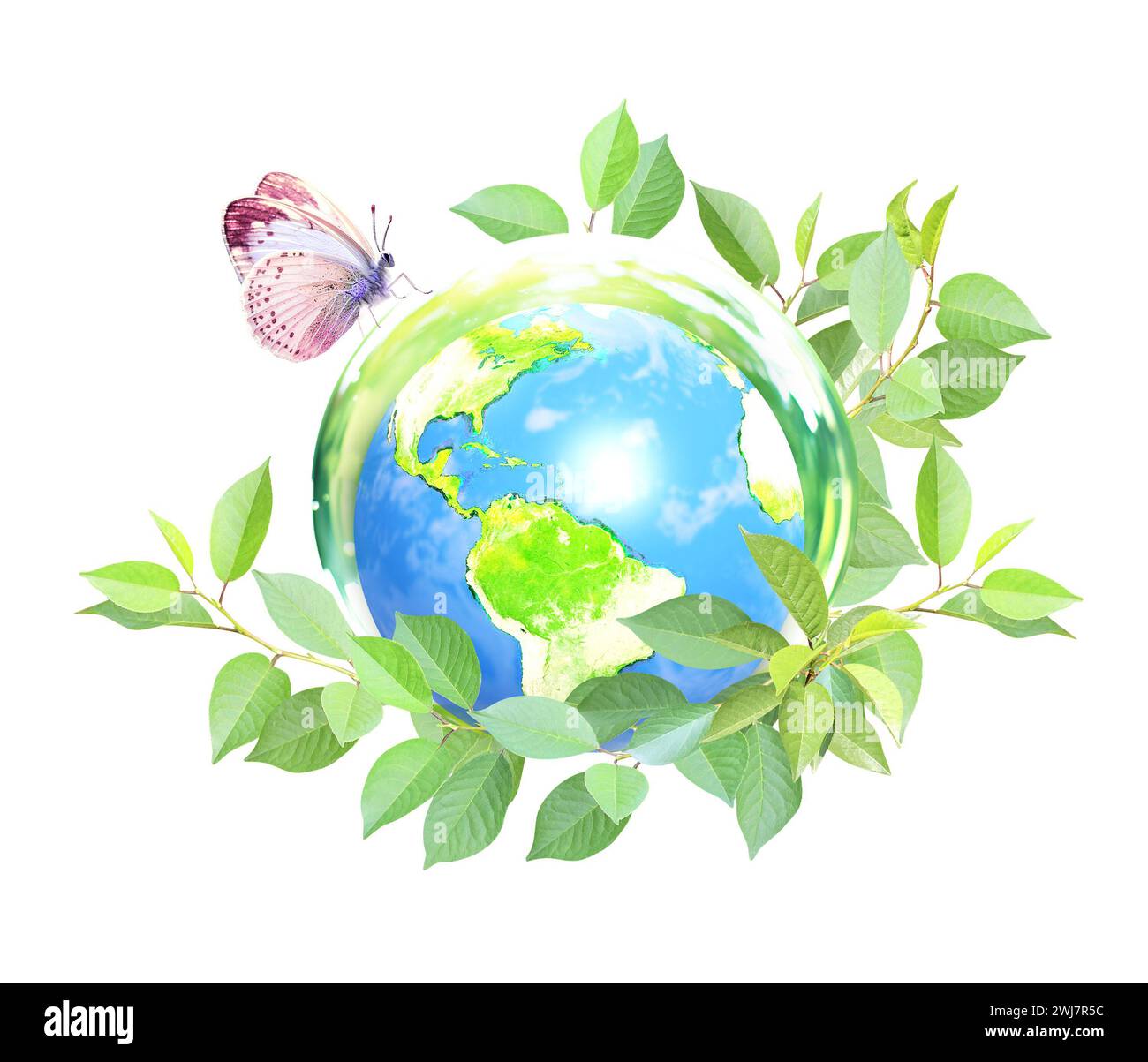 Earth day. Earth in glass ball and butterfly on green leaves. Ecology ...