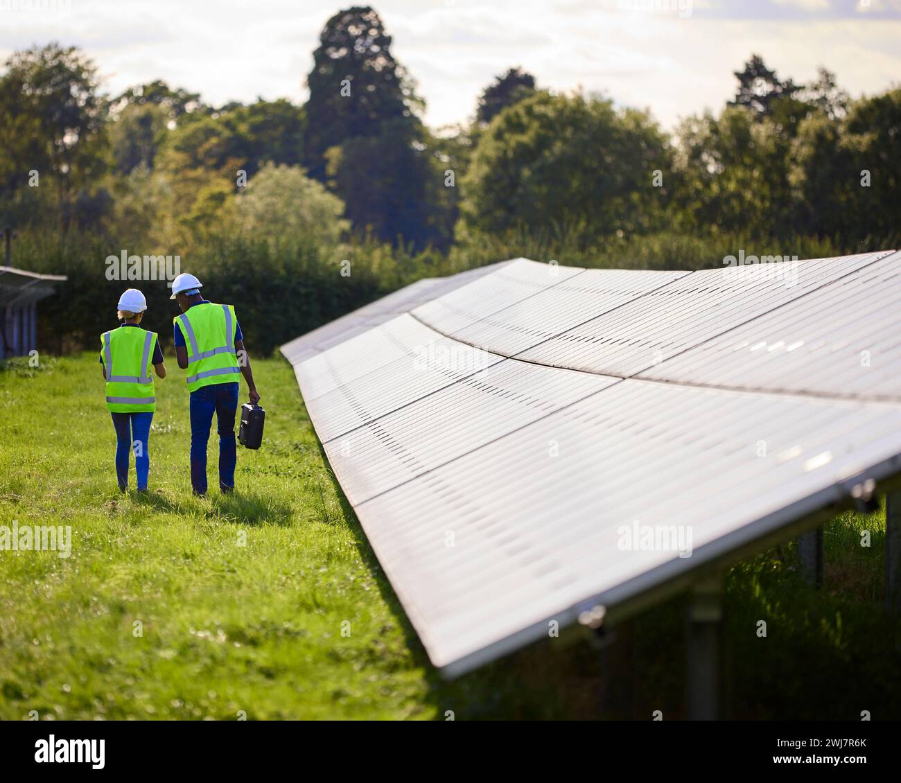 Rear View Of Male And Female Engineers Inspecting Solar Panels In Field ...