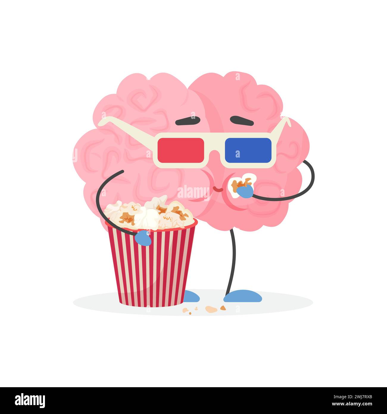 Cute human brain character wearing 3D glasses eating popcorn in cinema ...