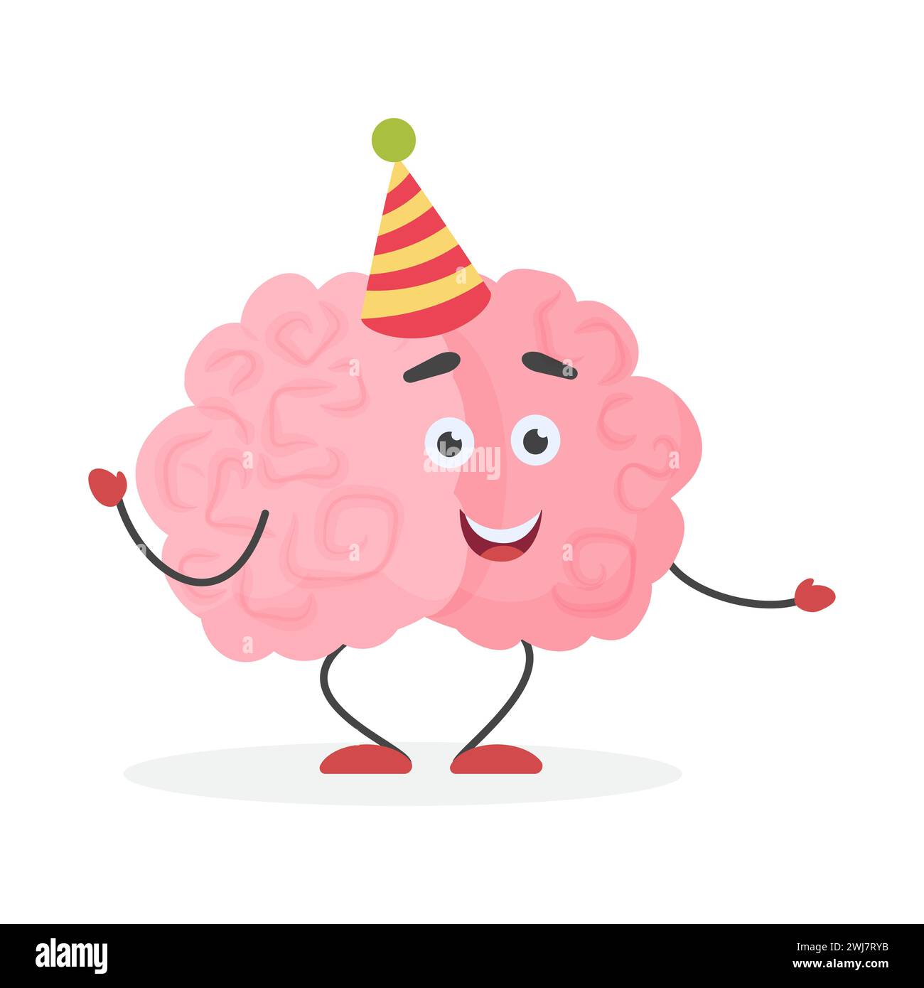 Cute happy human brain character in cone shape hat celebrating birthday ...