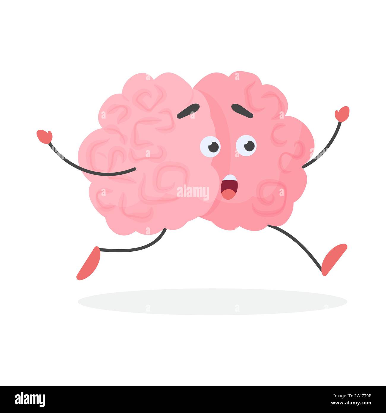 Cute human brain character running, funny mascot in shock from surprise ...