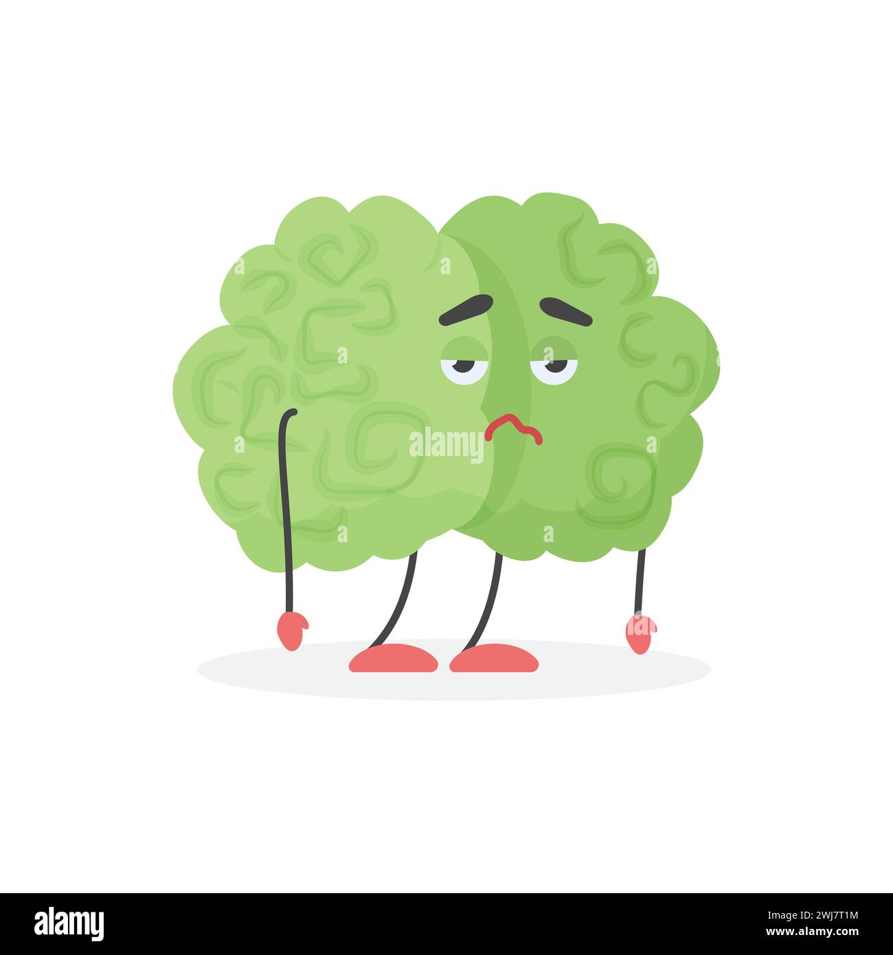 Cute tired sad green human brain character with fatigue, stress and ...