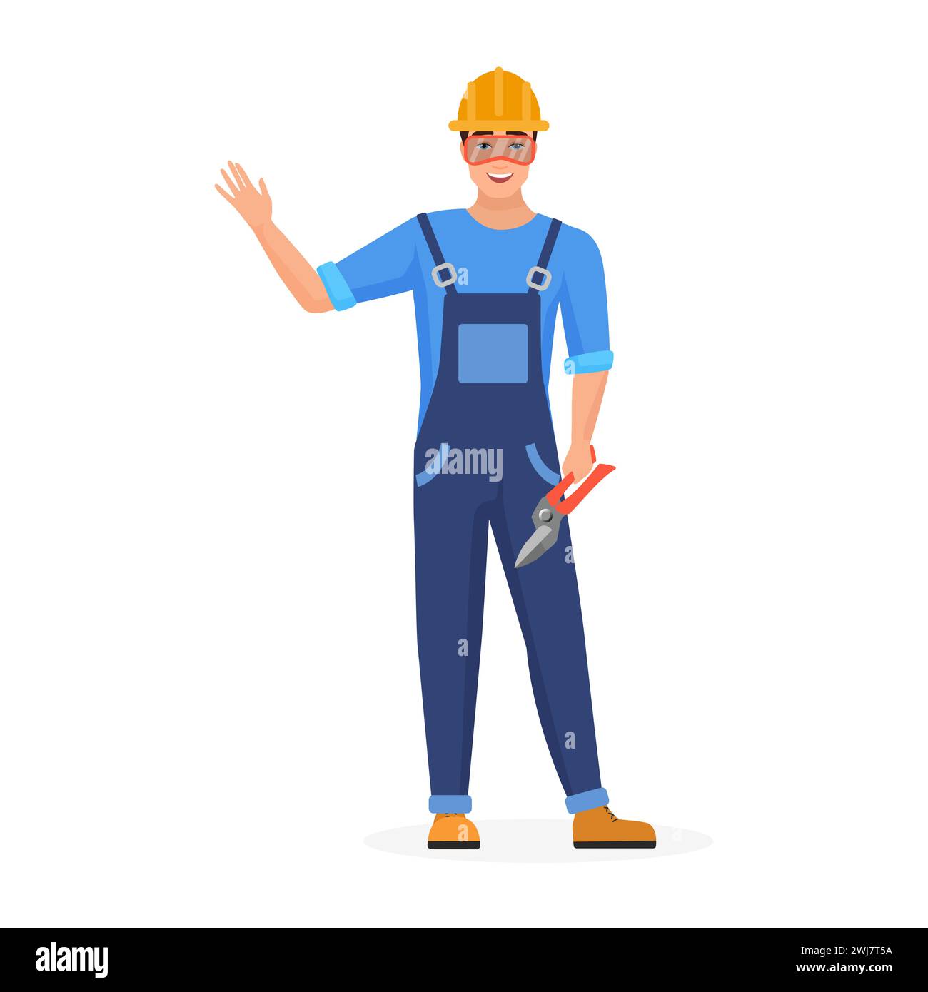 Construction worker in hard hat standing with pliers, man waving vector ...