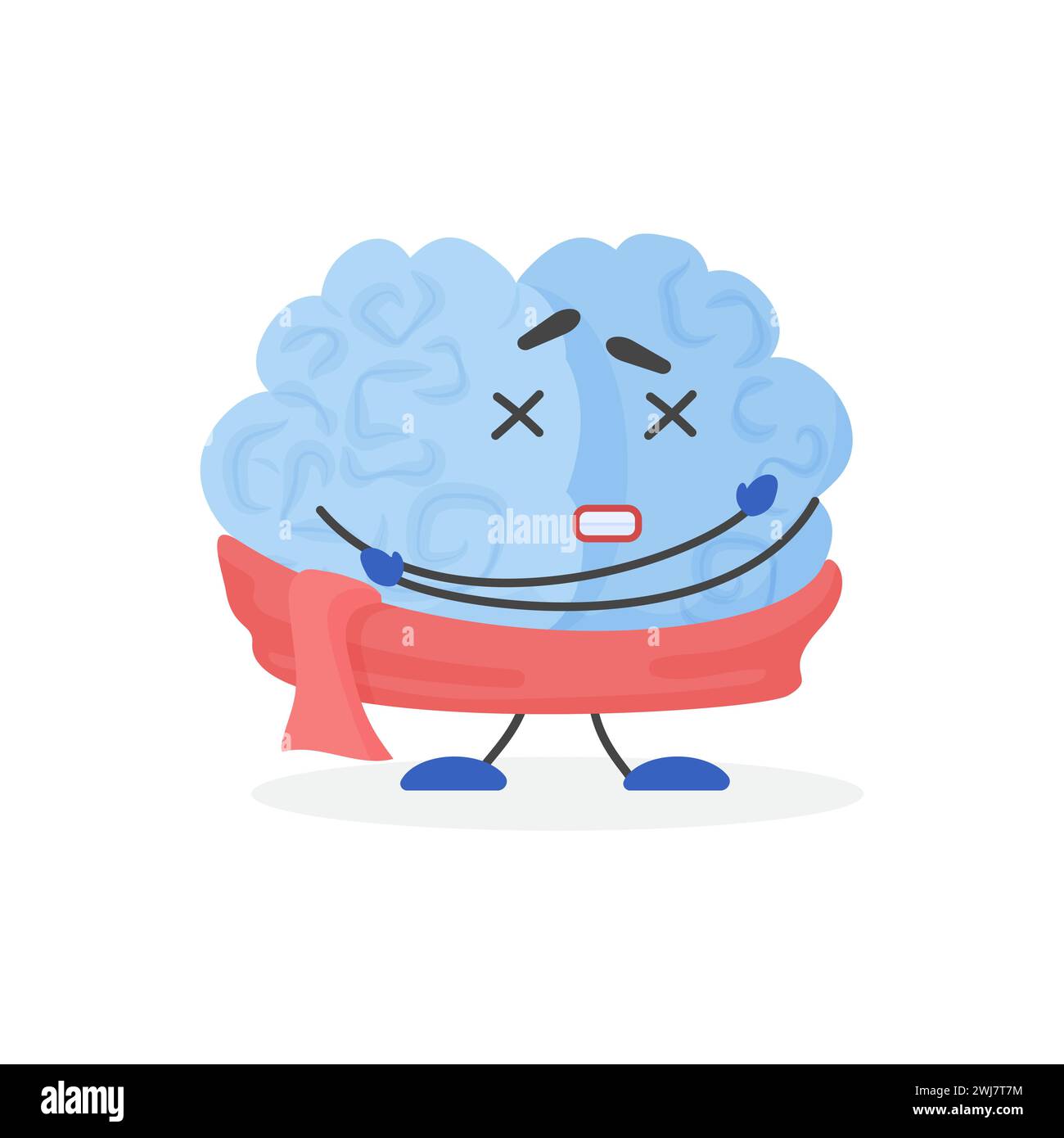 Cute tired sad blue human brain in scarf, character sick with cold and ...