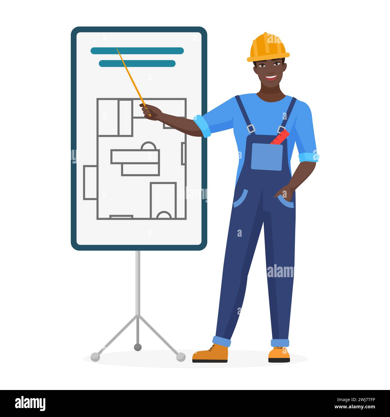 Construction worker or engineer in helmet pointing at floor plan vector illustration Stock ...