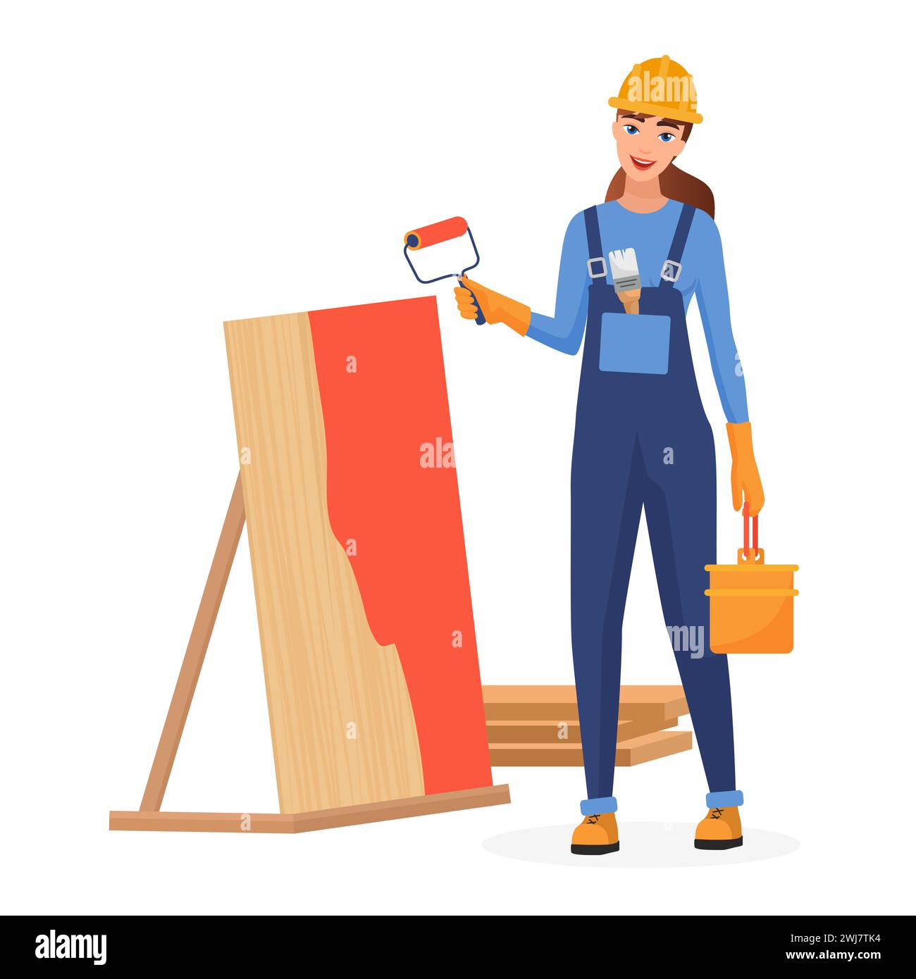 Construction worker holding bucket and roller to paint wooden board ...