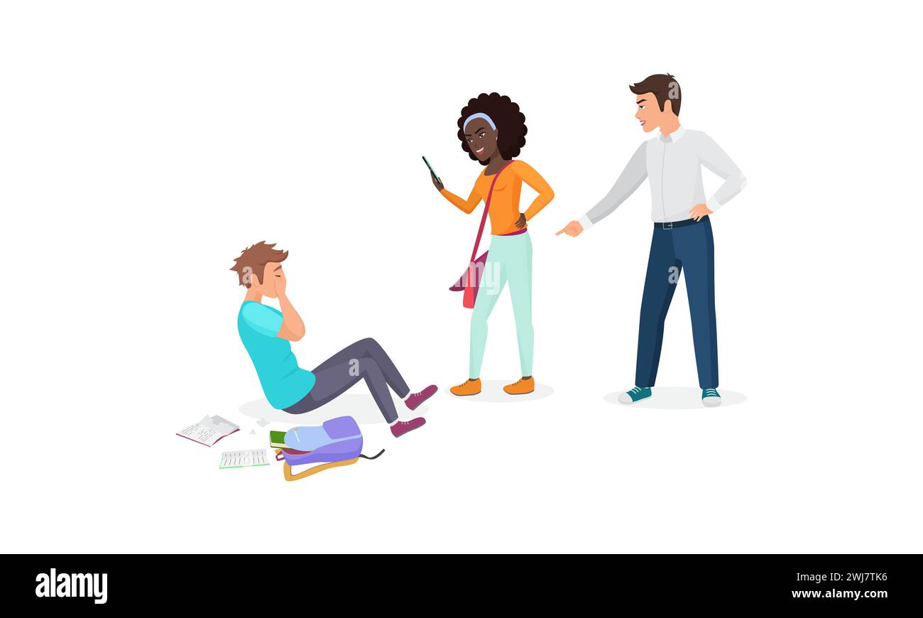 Crying boy victim sitting on floor, classmates mock and take pictures ...