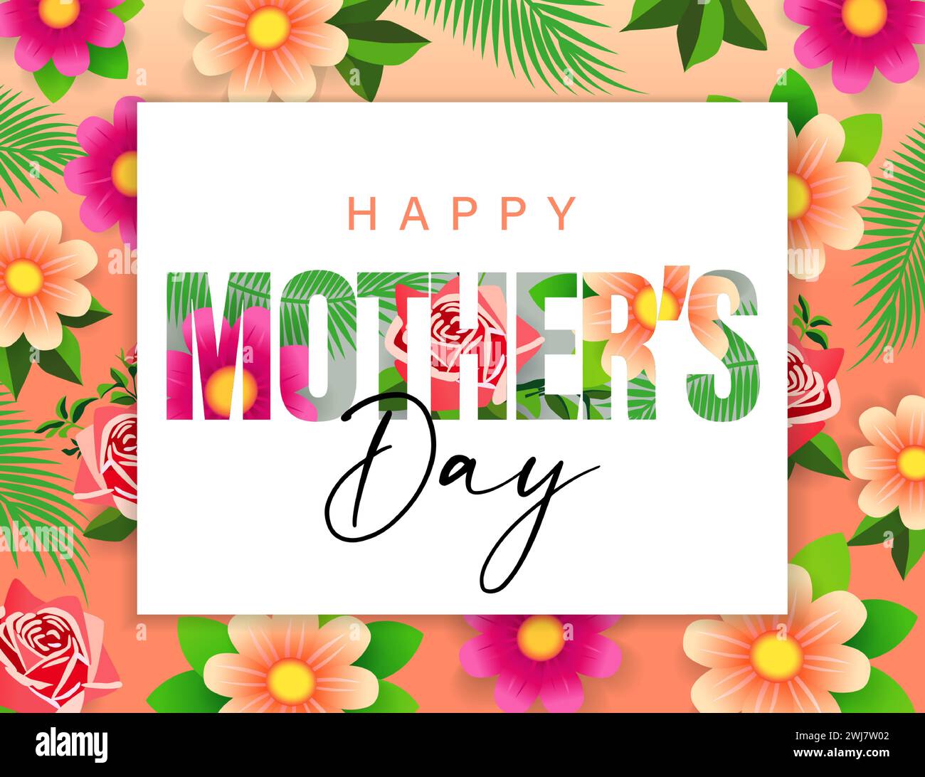 Happy Mothers Day lettering with beautiful flowers and leaves. Vector ...