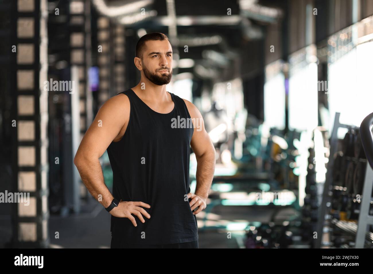 Workout Motivation. Young Muscular Male Holding Hands On Hips While ...
