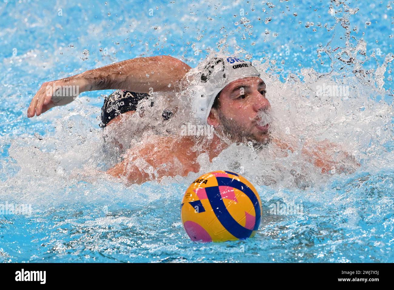 Doha, Qat. 13th Feb, 2024. A moment of taly-Greece water polo quarter ...