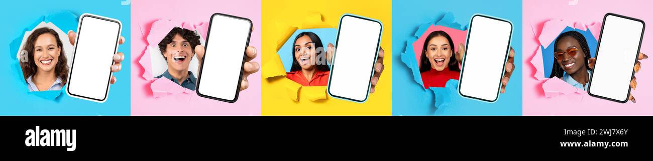 Five exuberant individuals of diverse ethnicities smile brightly ...