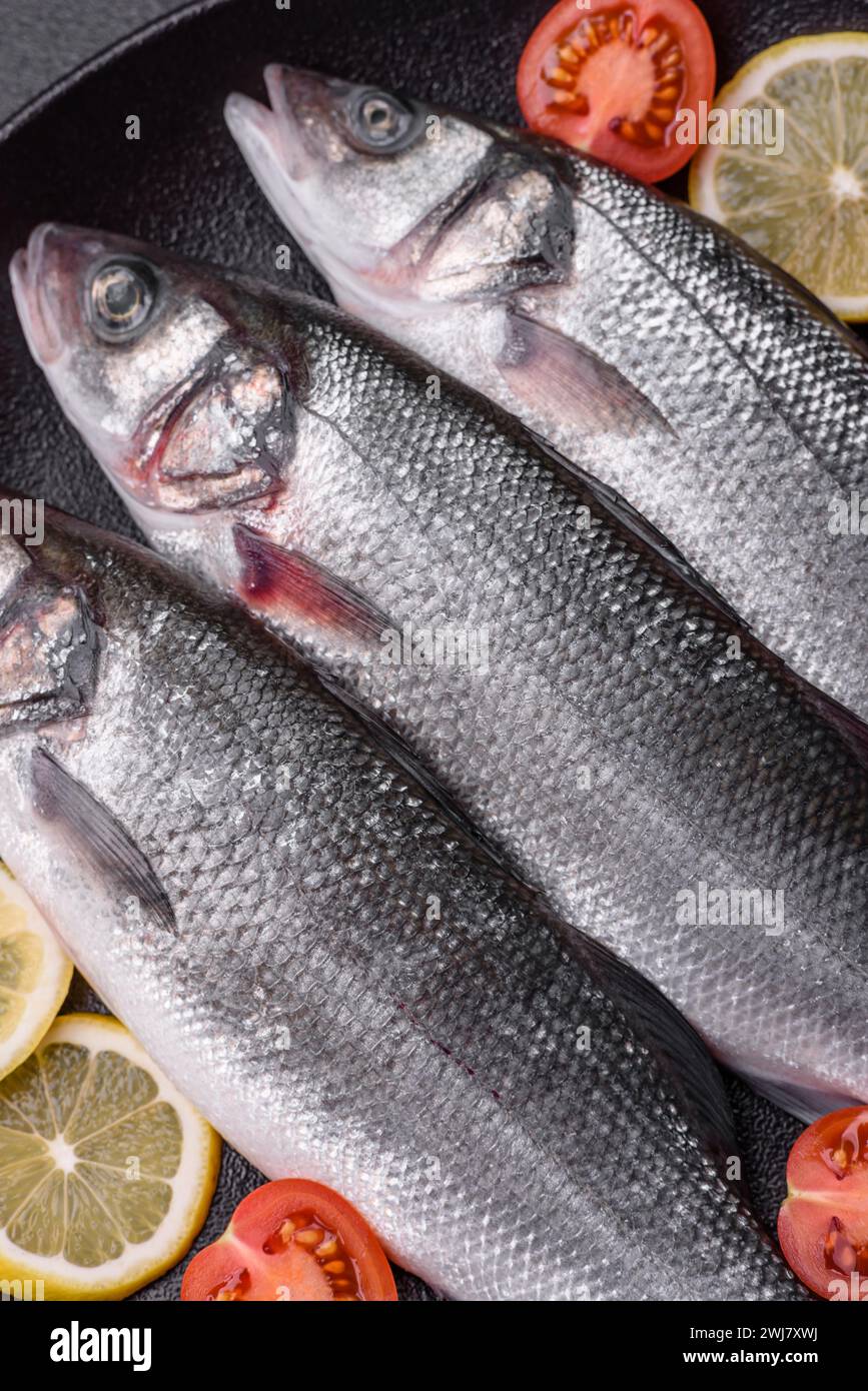 Fresh raw ocean sea bass fish with salt, spices and herbs on dark ...