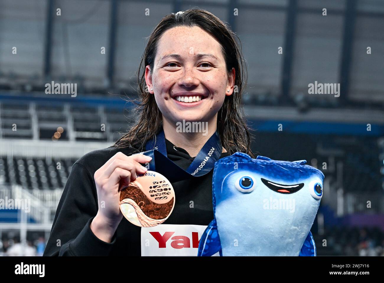 Siobhan Bernadette Haughey of Hong Kong shows the bronze medal after ...