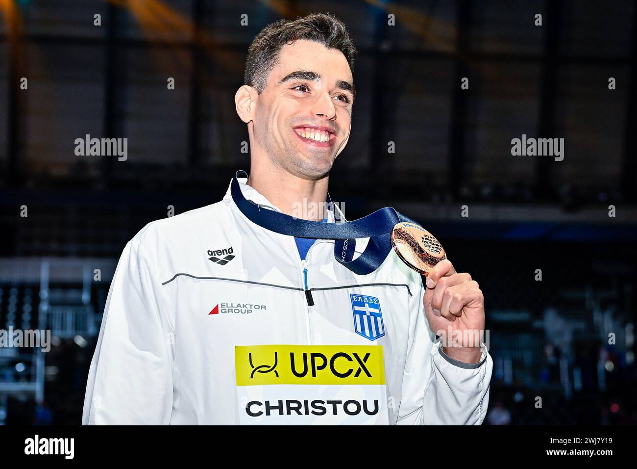Apostolos Christou of Greece shows the bronze medal after competing in ...