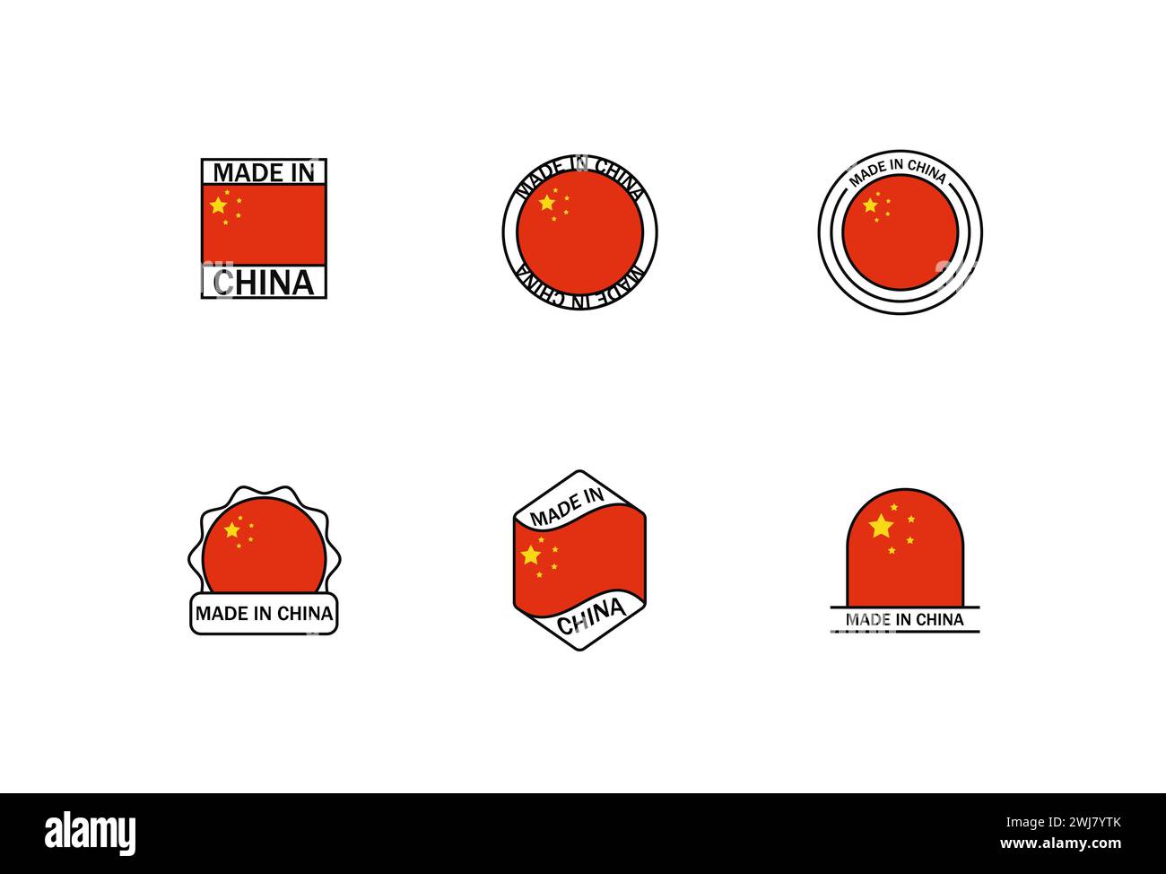 Made in china labels set. Business production sticker with red flag ...
