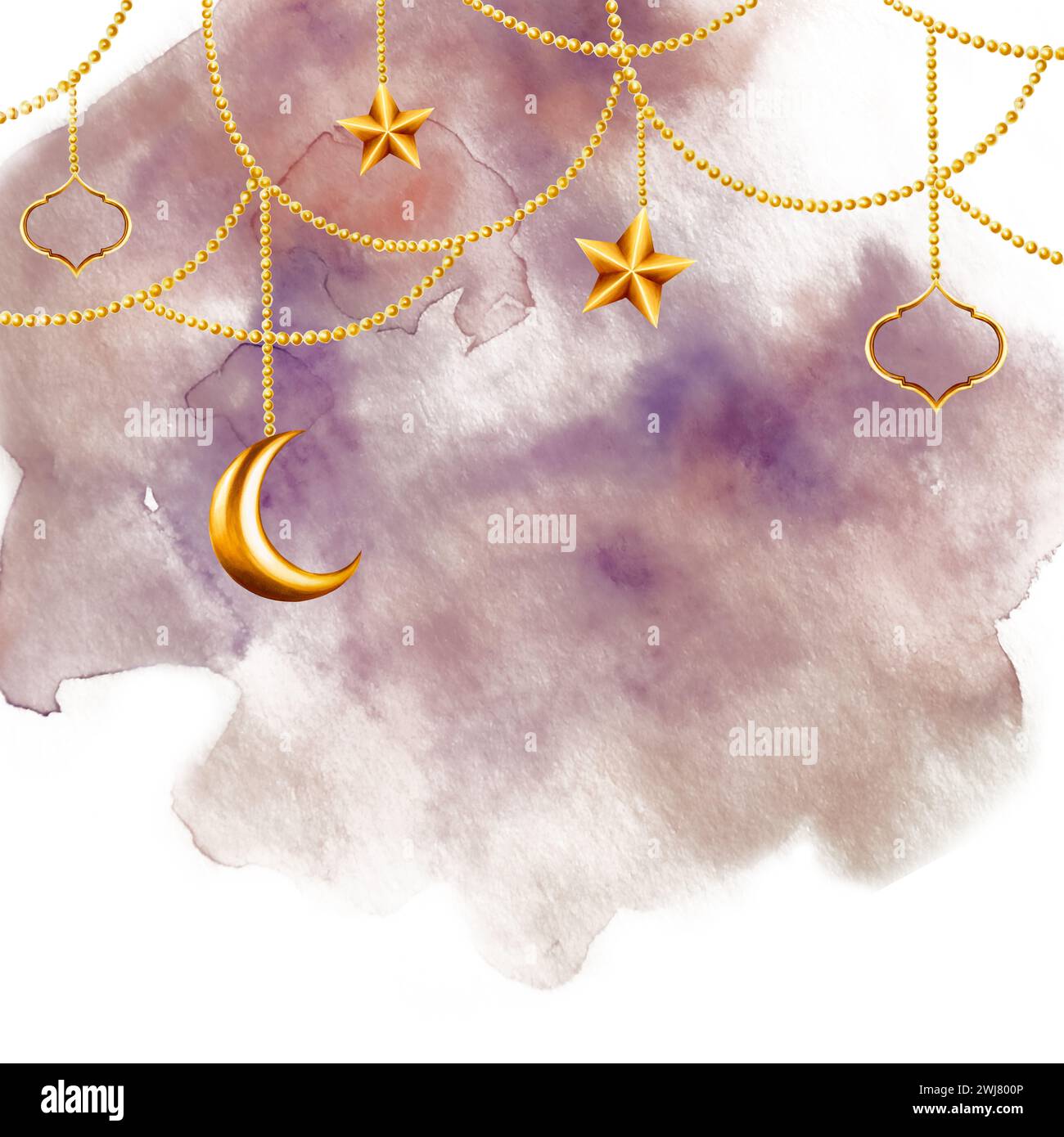 Watercolor Islamic arabian frame with golden crescent moon, stars on a ...