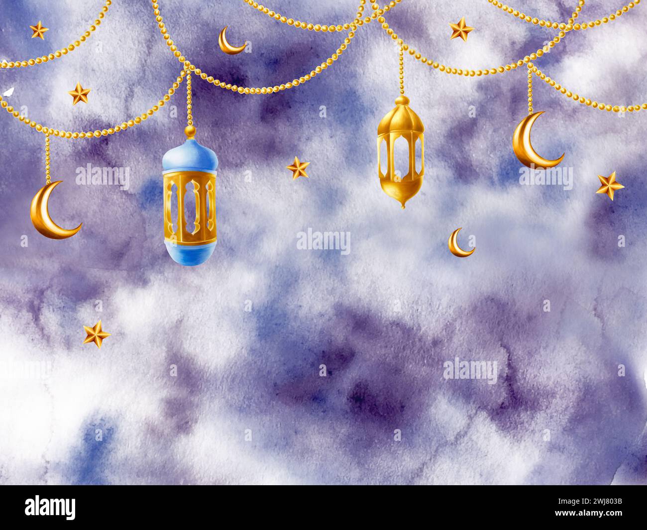 Watercolor Islamic arabian frame with golden crescent moon, stars on a ...