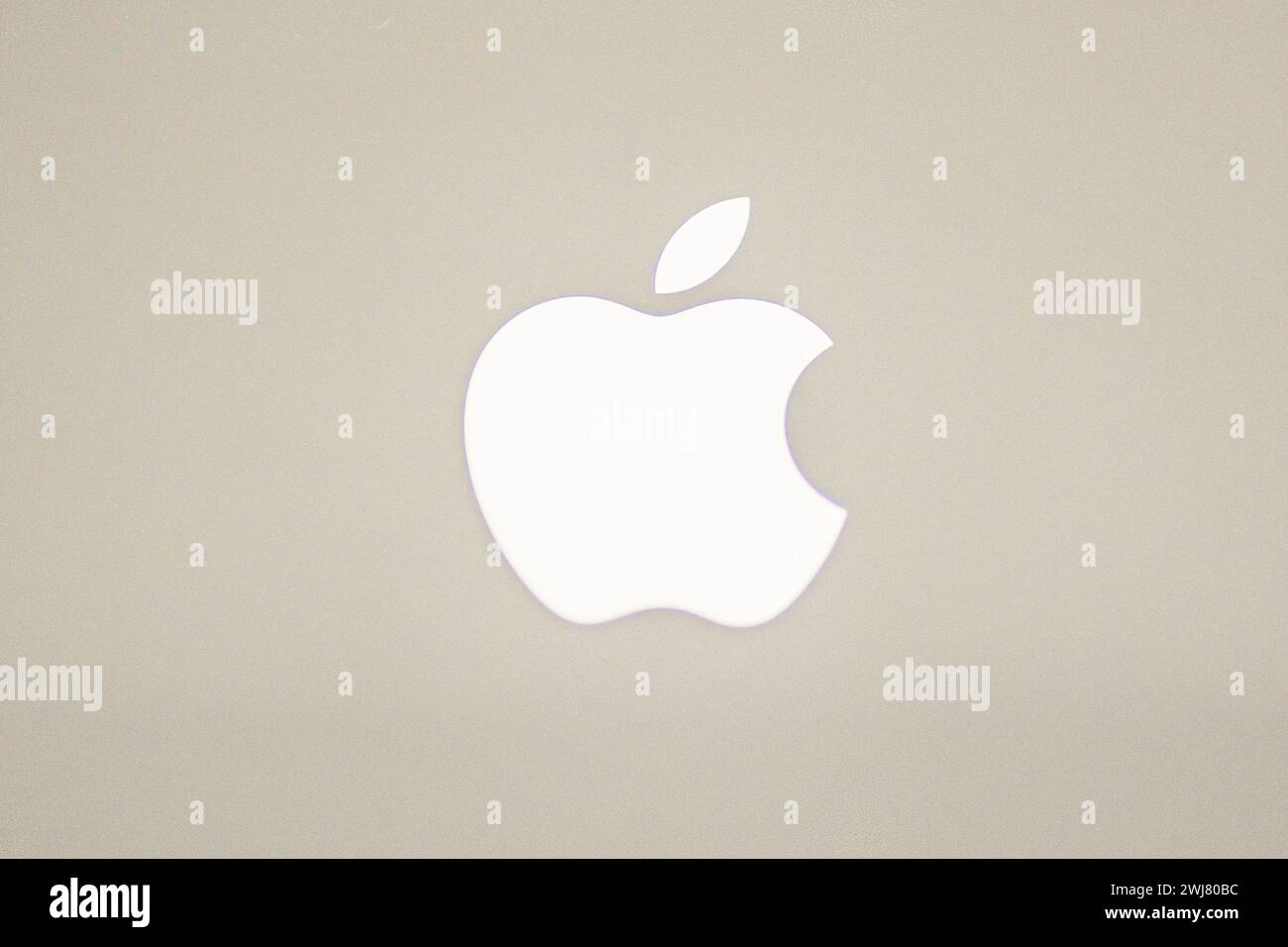White Apple logo on a titanium background. Close up is high resolution ...