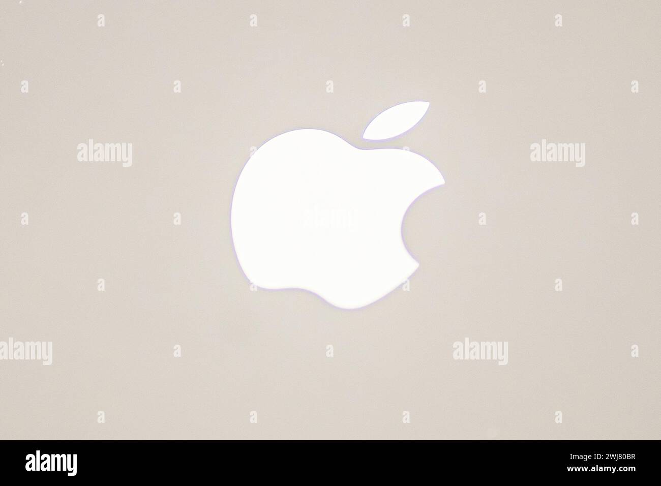 White Apple logo on a titanium background. Close up is high resolution ...