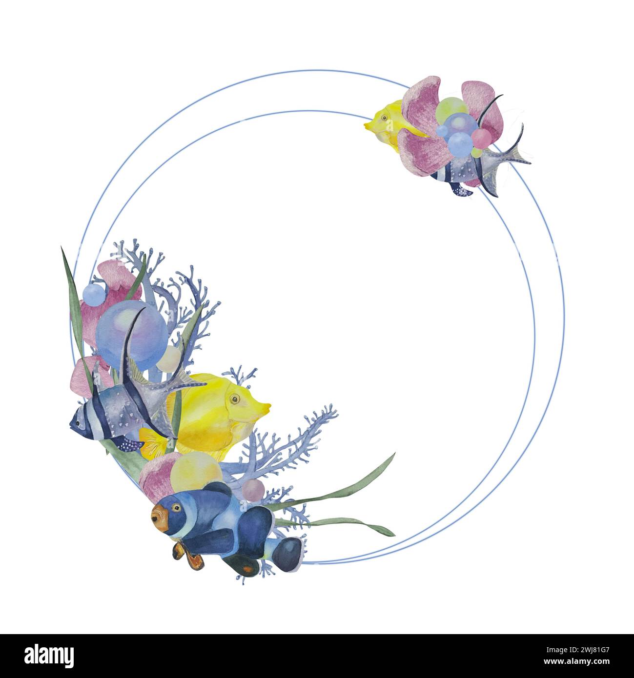 A semicircular frame with sea corals, fish, bubbles. Watercolor ...