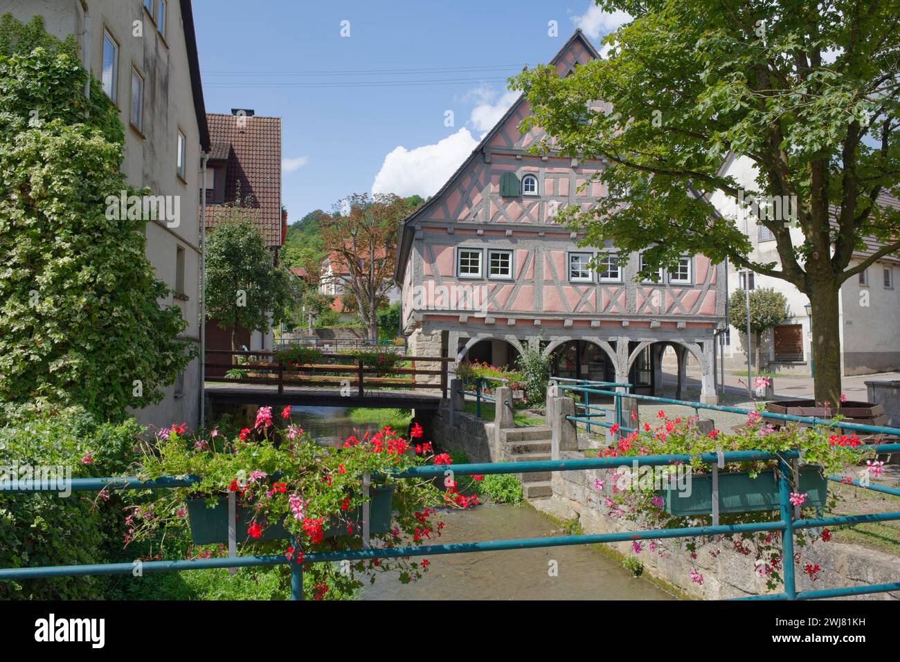 Town hall in Mulfingen, half-timbered house, Jagst valley, Jagst, Way of St James, Hohenlohe ...