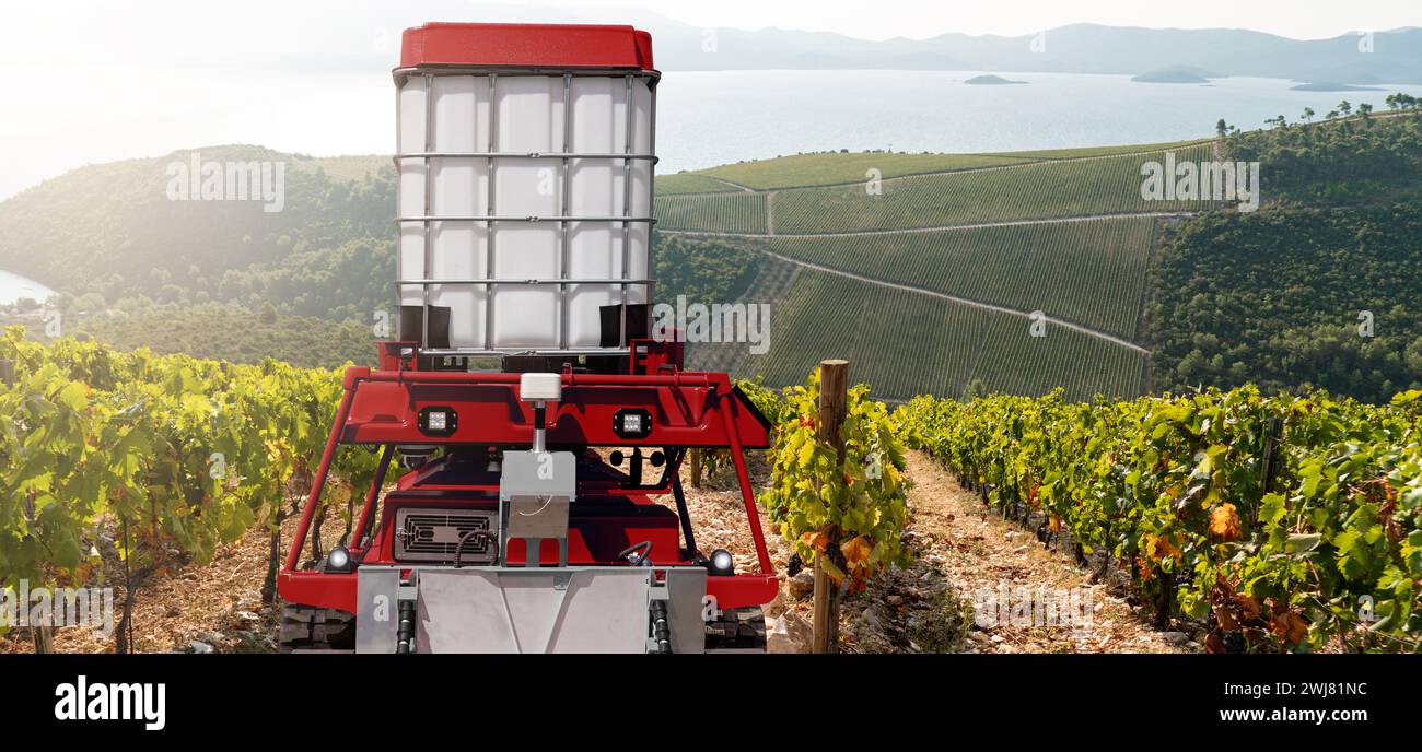 Autonomous robot sprayer works in a vineyard. Smart farming concept ...