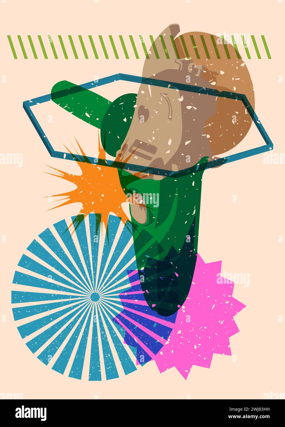 Risograph Angle grinder, Power Tool with geometric shapes. Objects in ...