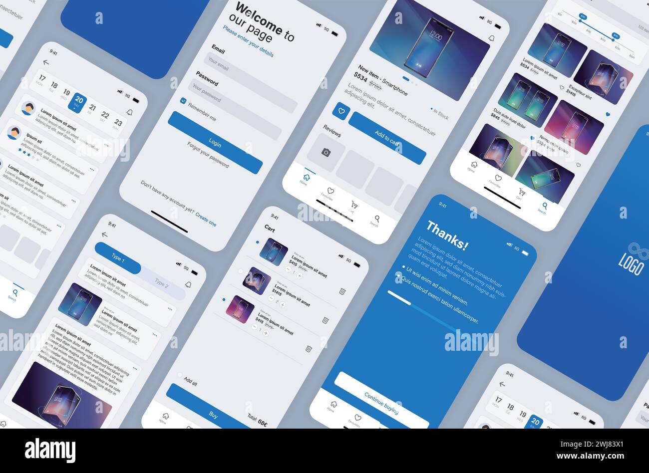 Smartphone UI app. Phone screens for shop application. Mobile interface ...