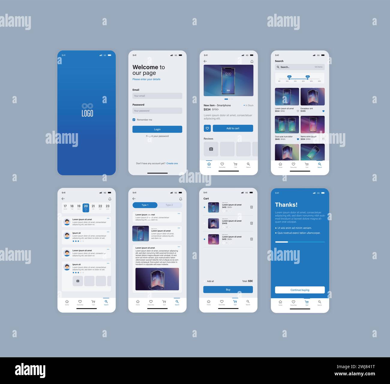 Smartphone UI app. Phone screens for shop application. Mobile interface ...