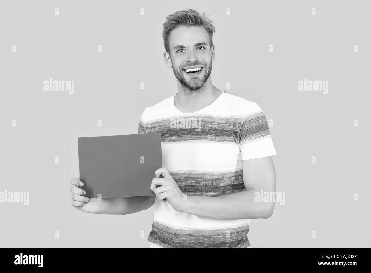 smiling man sales representative offer advertisement. man offer his ...
