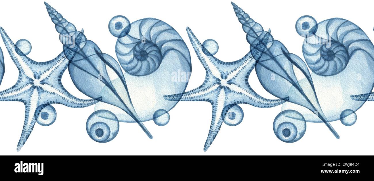 Watercolor nautical seamless border, blue transparent nautilus ...