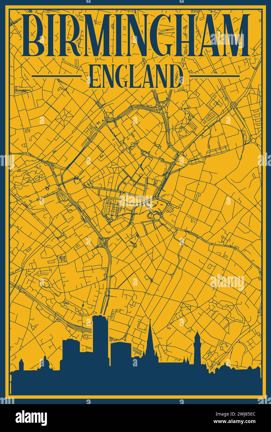 Road network and skyline poster of the downtown BIRMINGHAM, ENGLAND ...