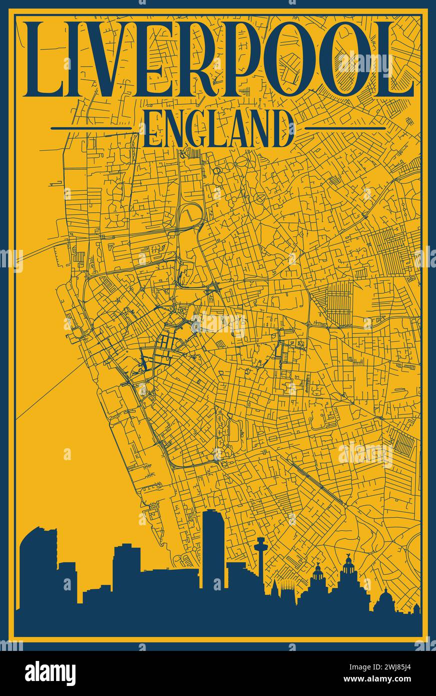 Road network and skyline poster of the downtown LIVERPOOL, ENGLAND ...