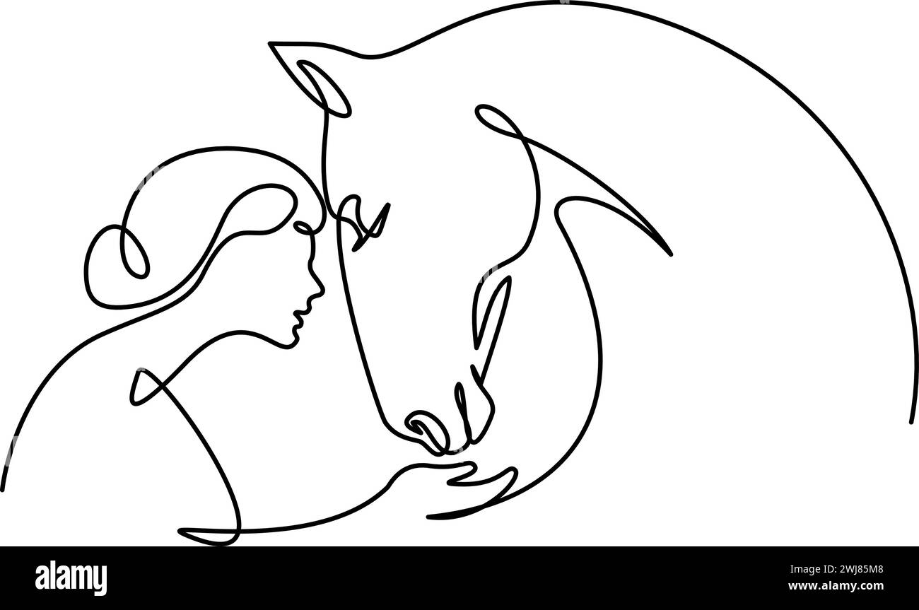 Woman feeds horse. Continuous one line drawing art Stock Vector Image ...