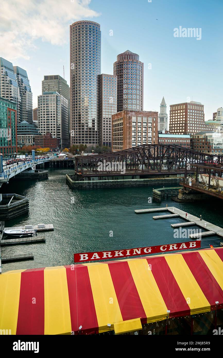 Boston, Massachusetts skyline and Fort Point Channel marina viewed ...