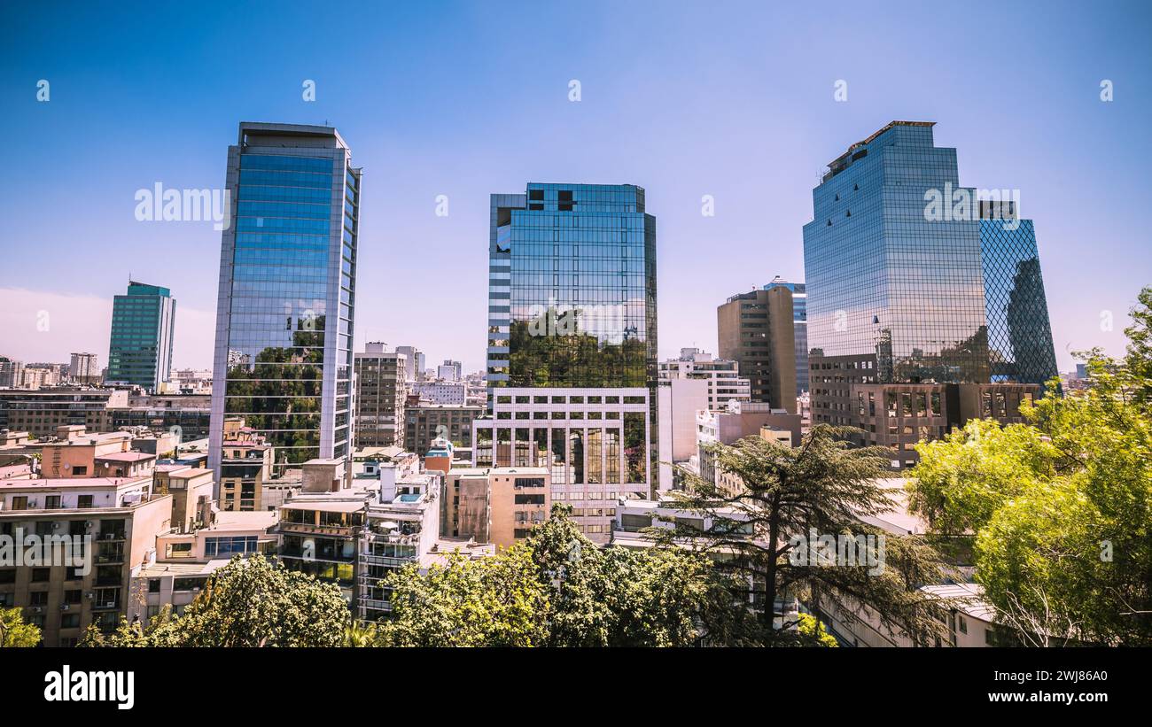 Skyscrapers with modern glass facades and other buildings in Santiago ...