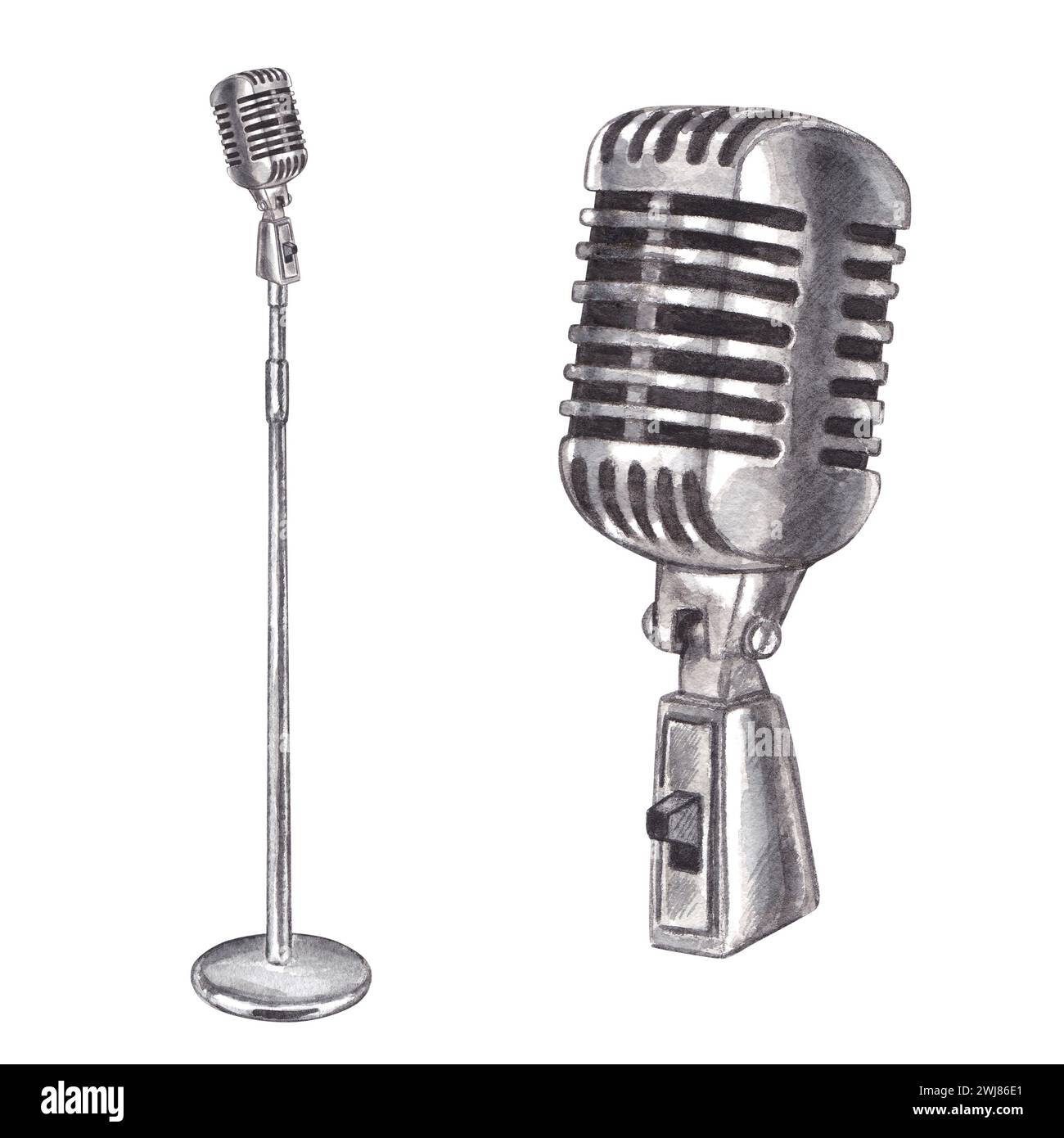 Vocal microphone. Watercolor hand drawn illustration of a vintage ...