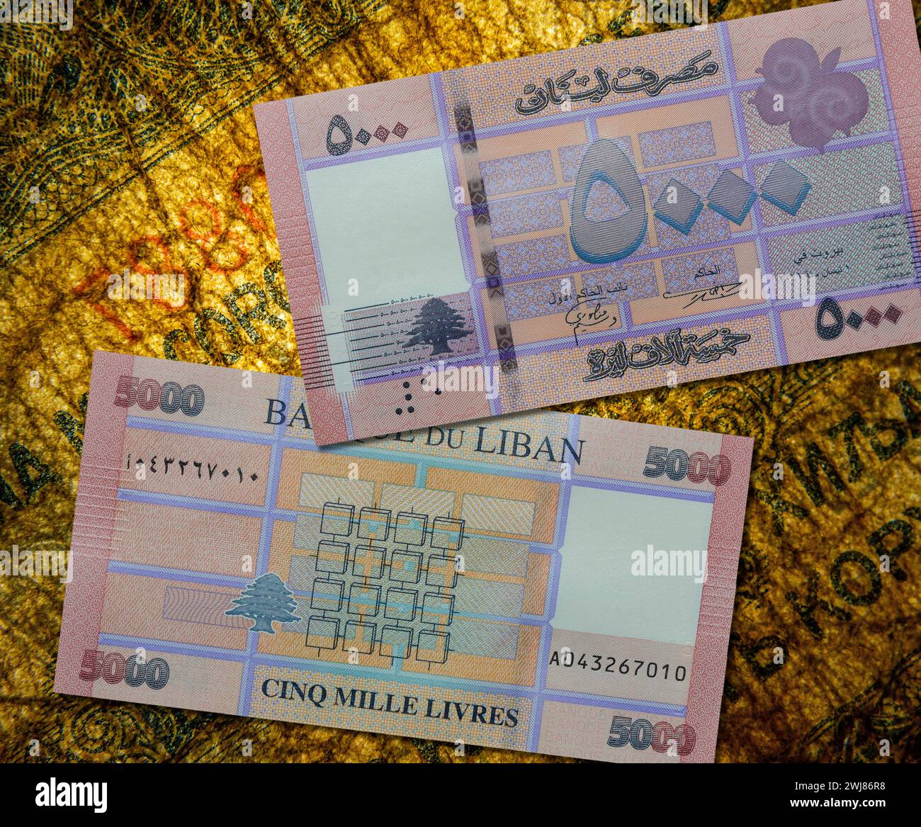 The Lebanon livres banknotes on the golden background Stock Photo - Alamy
