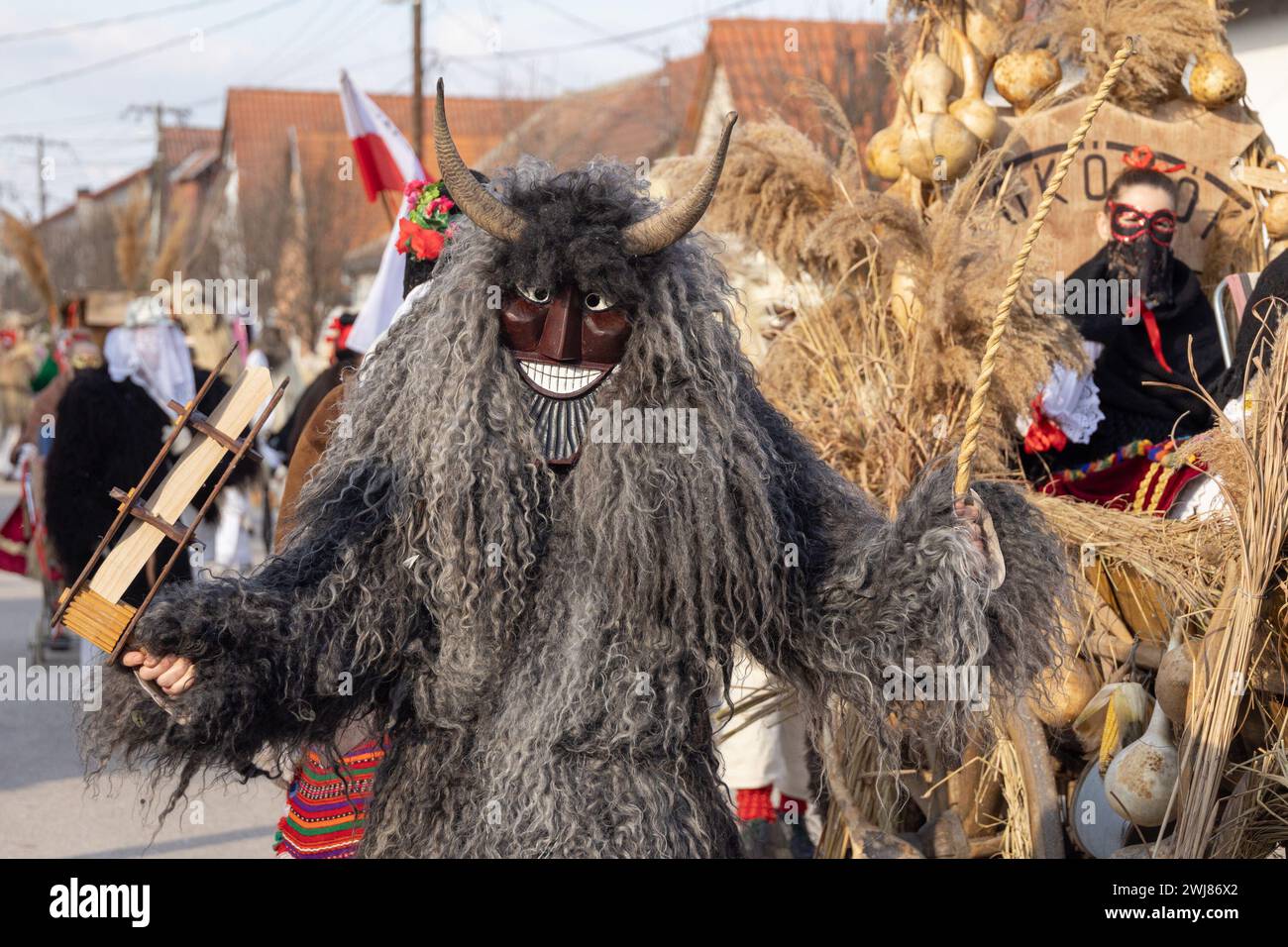 Mohacs, Hungary. 13th Feb, 2024. Busos, costumed people wearing wooden ...