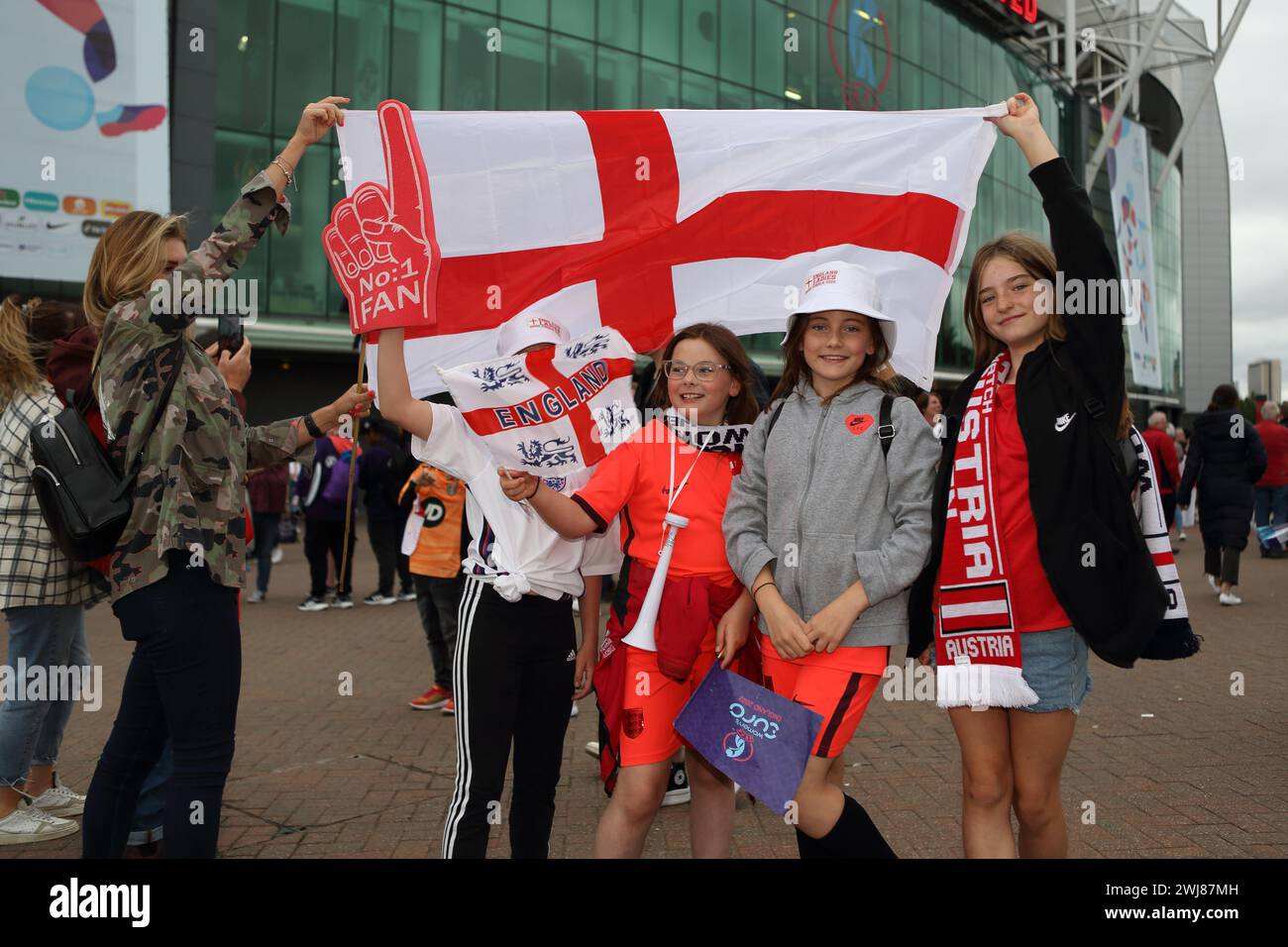 Girl England Lionesses fans with sponge hand and flags England v ...